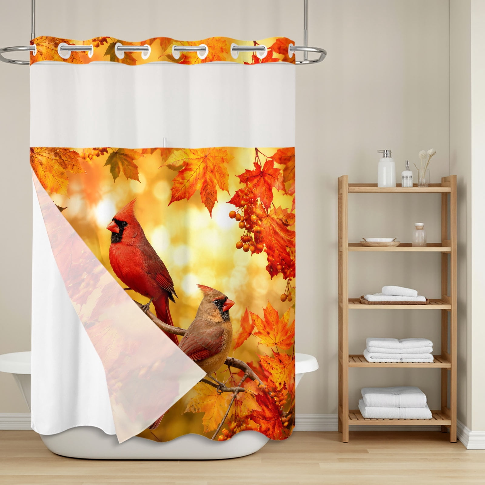 Cardinal Bird No Hook Shower Curtain with Snap in Liner, Fall Red Bird ...