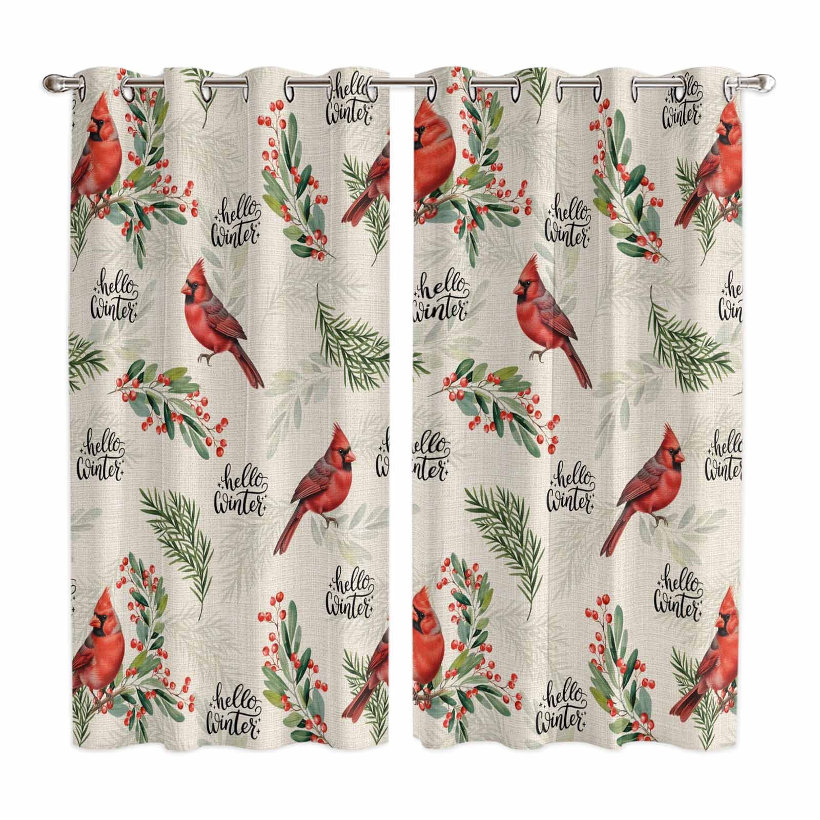 Cardinal Bird Kitchen Curtains 63 Inch Length, Holly Branches Berry ...