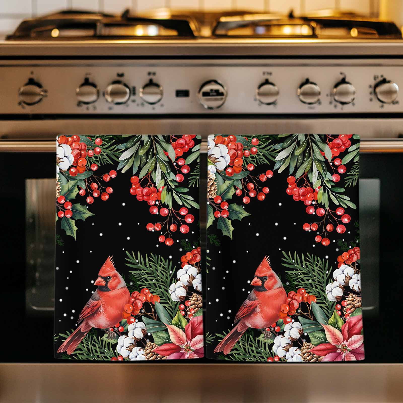 Cardinal Bird Kitchen Towels Set of 1, Winter Poinsettia Pine Cones ...