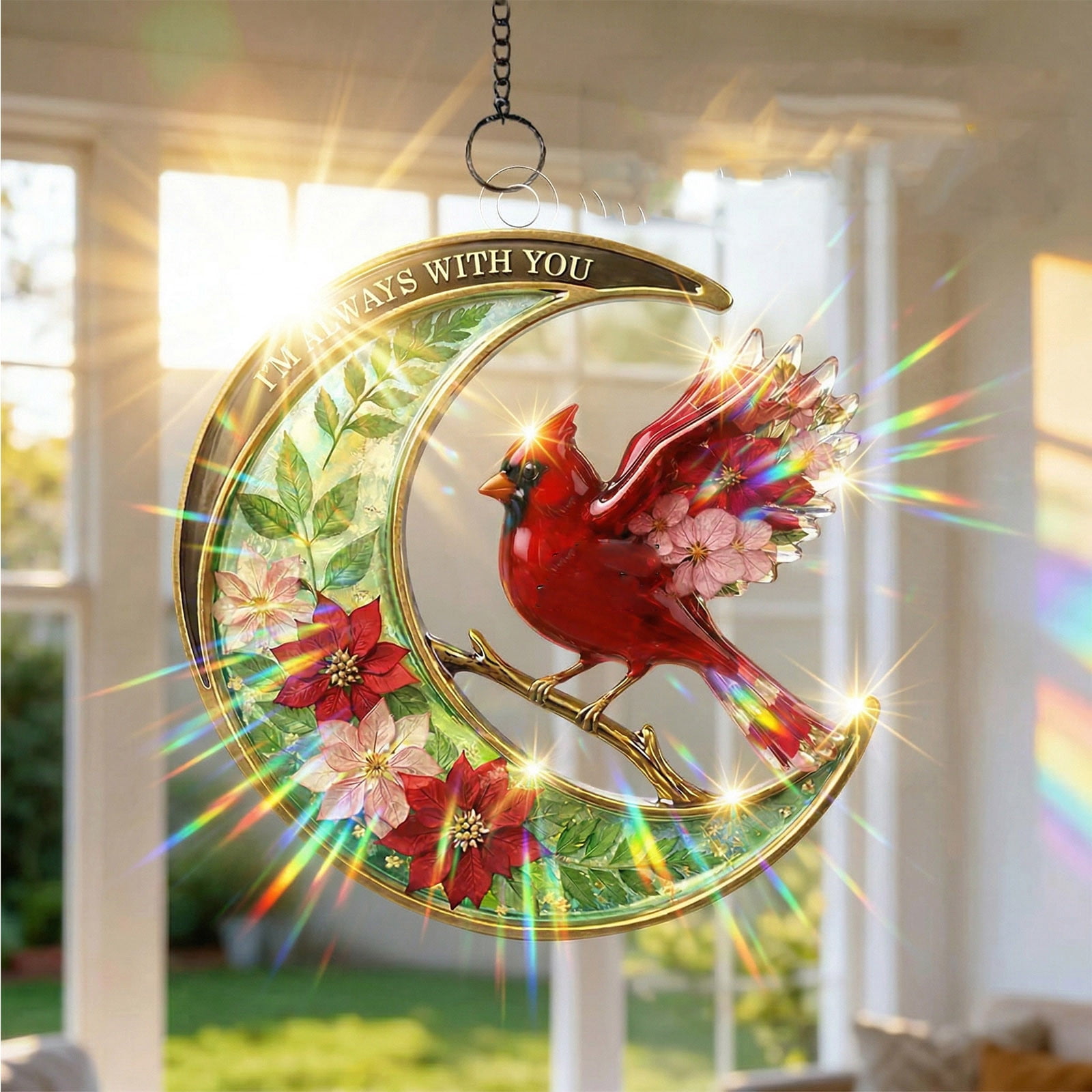 Cardinal Bird Moon Window Sun Catcher Hanging Ornament Stained Glass ...