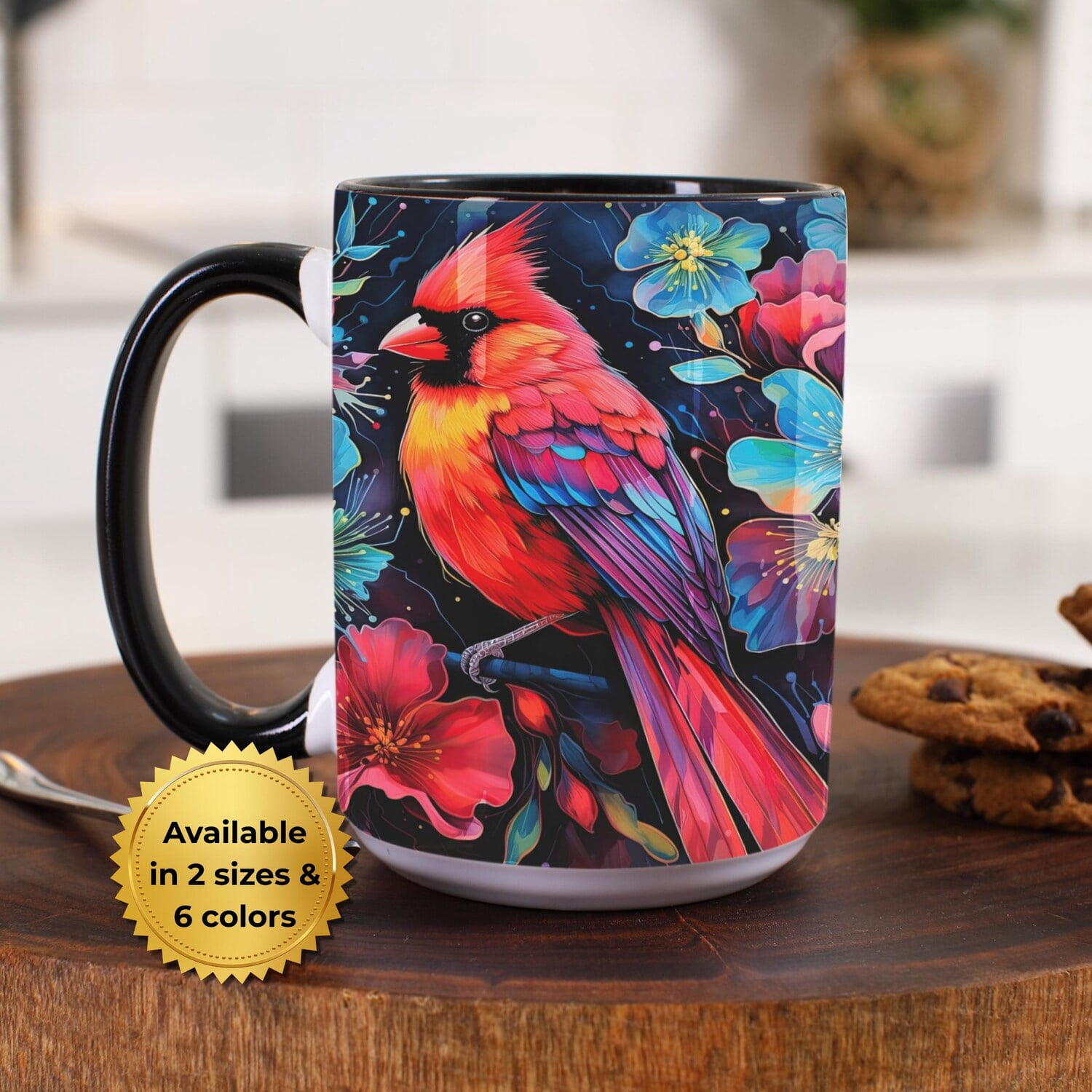 Cardinal Bird Mug: Colorful Floral Coffee Cup with Black Handle ...