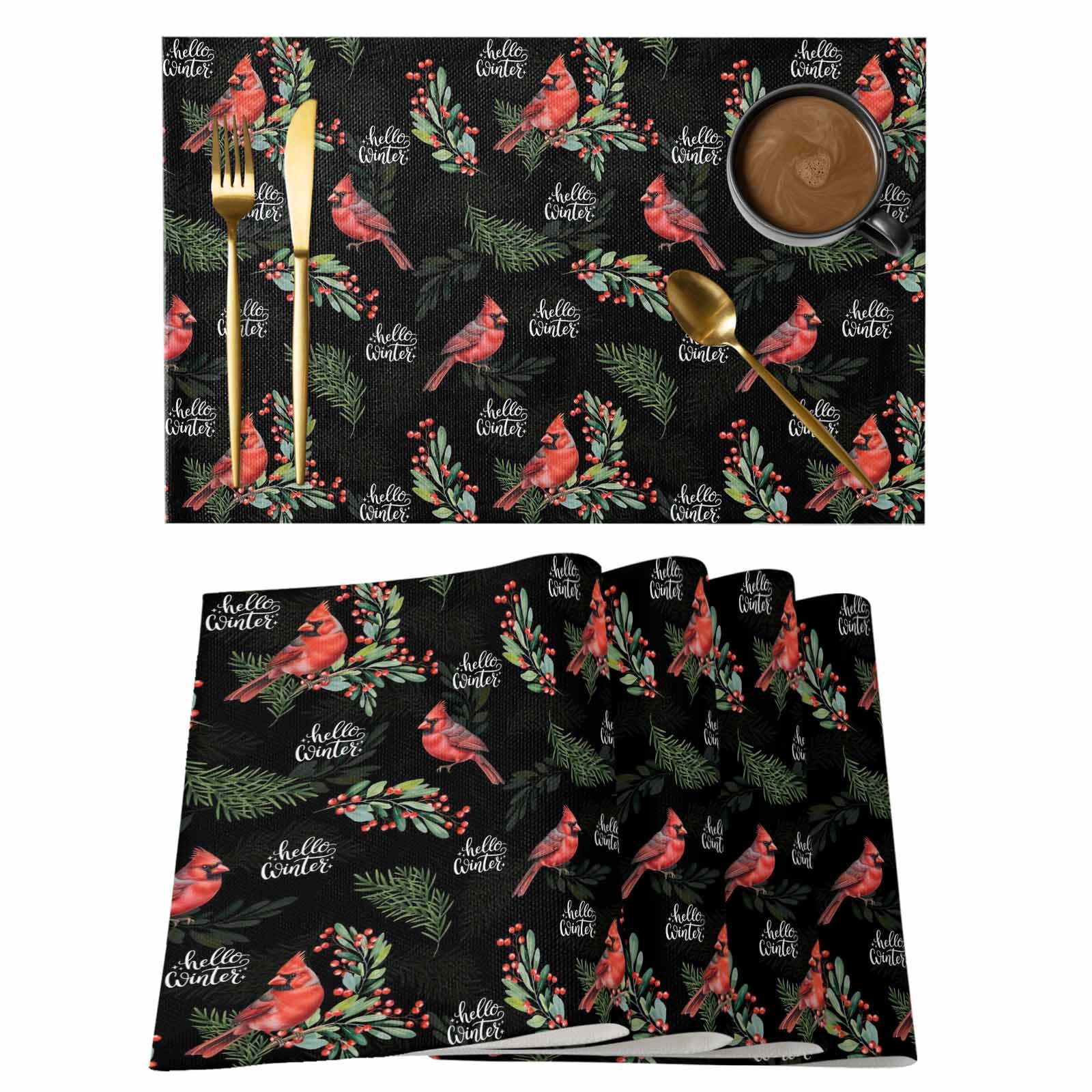 Cardinal Bird Placemats Set of 4, Holly Branches Berry Winter Botanical ...