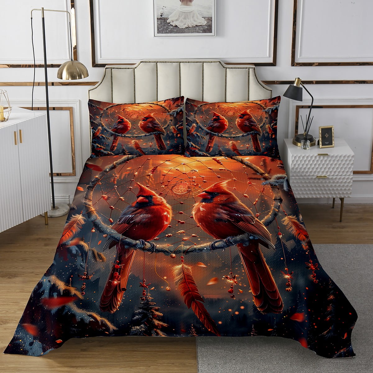 Cardinal Bird Quilt Set Dream Catcher Bedspread Set Twin,Boho Feather ...