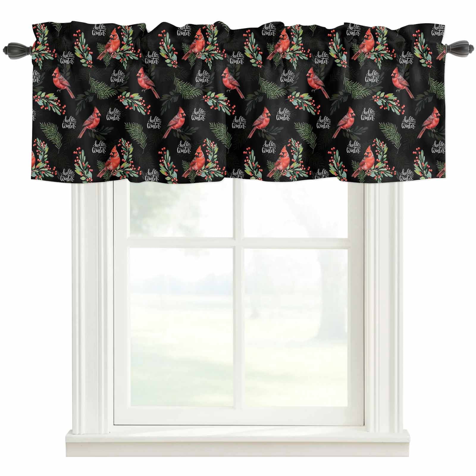 Cardinal Bird Rod Pocket Curtain Valance, Holly Branches Berry Winter ...