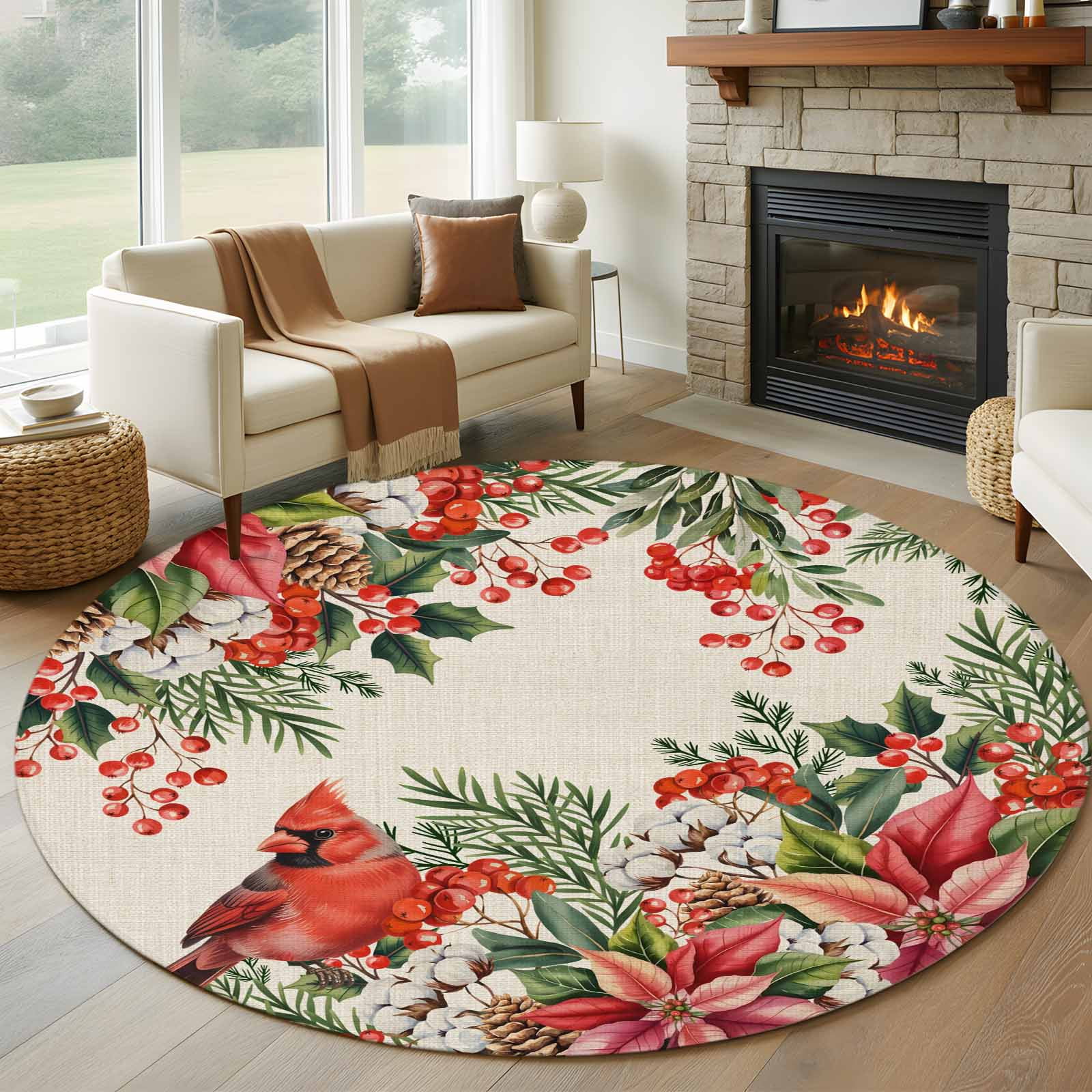 Cardinal Bird Round Rug 8ft Washable Circle Rugs Non Slip Pine Cones ...
