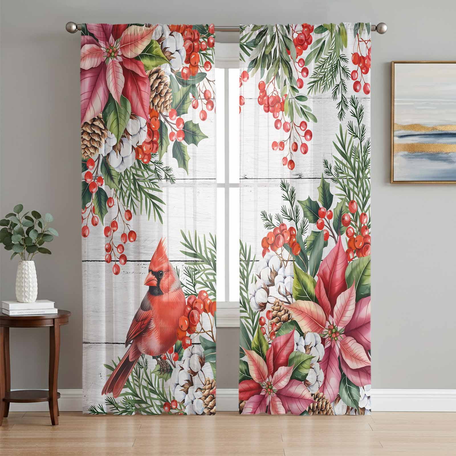 Cardinal Bird Sheer Curtains 108 Inch Length 2 Panels for Living Room ...