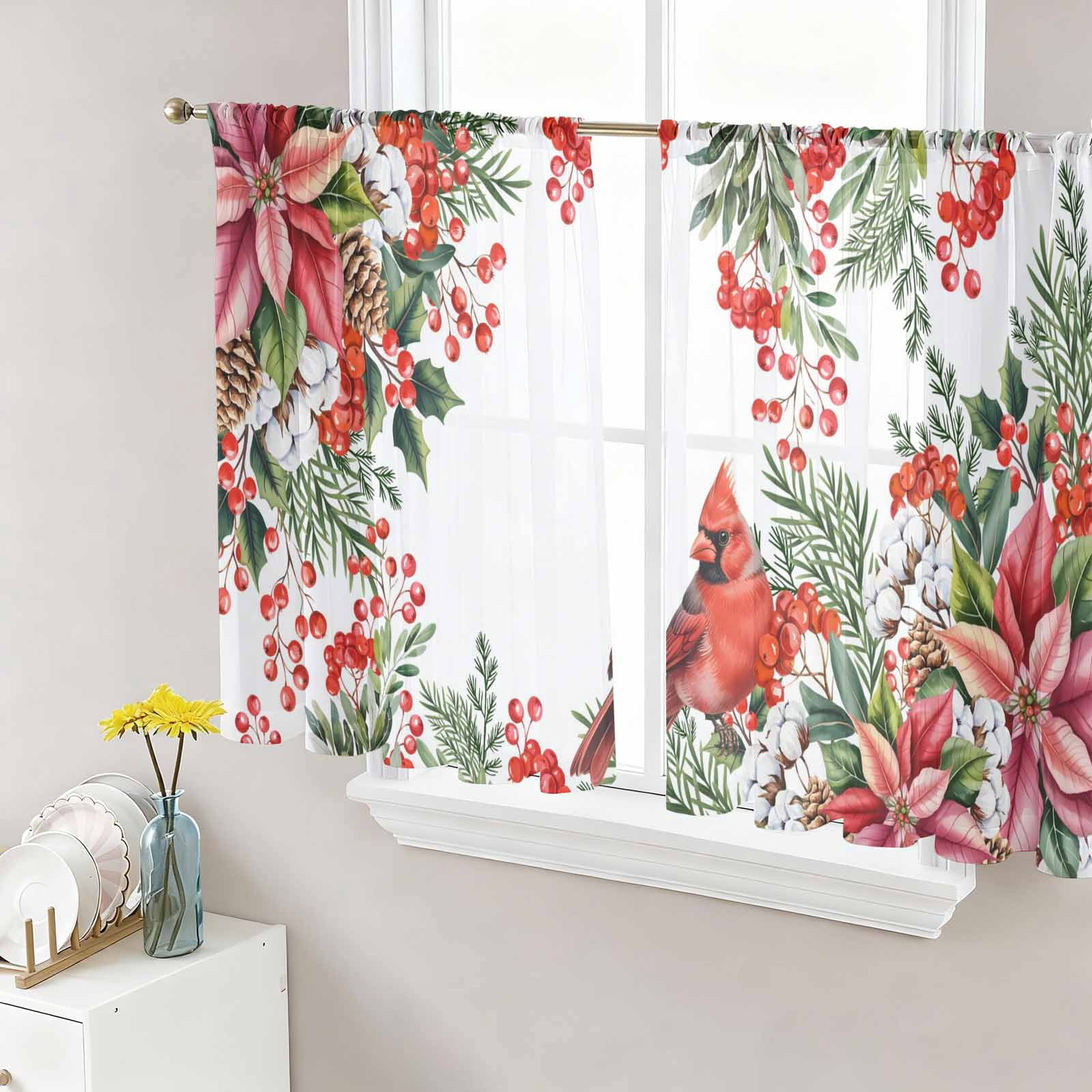 Cardinal Bird Sheer Curtains 45 Inch Length 2 Panels Set Window ...