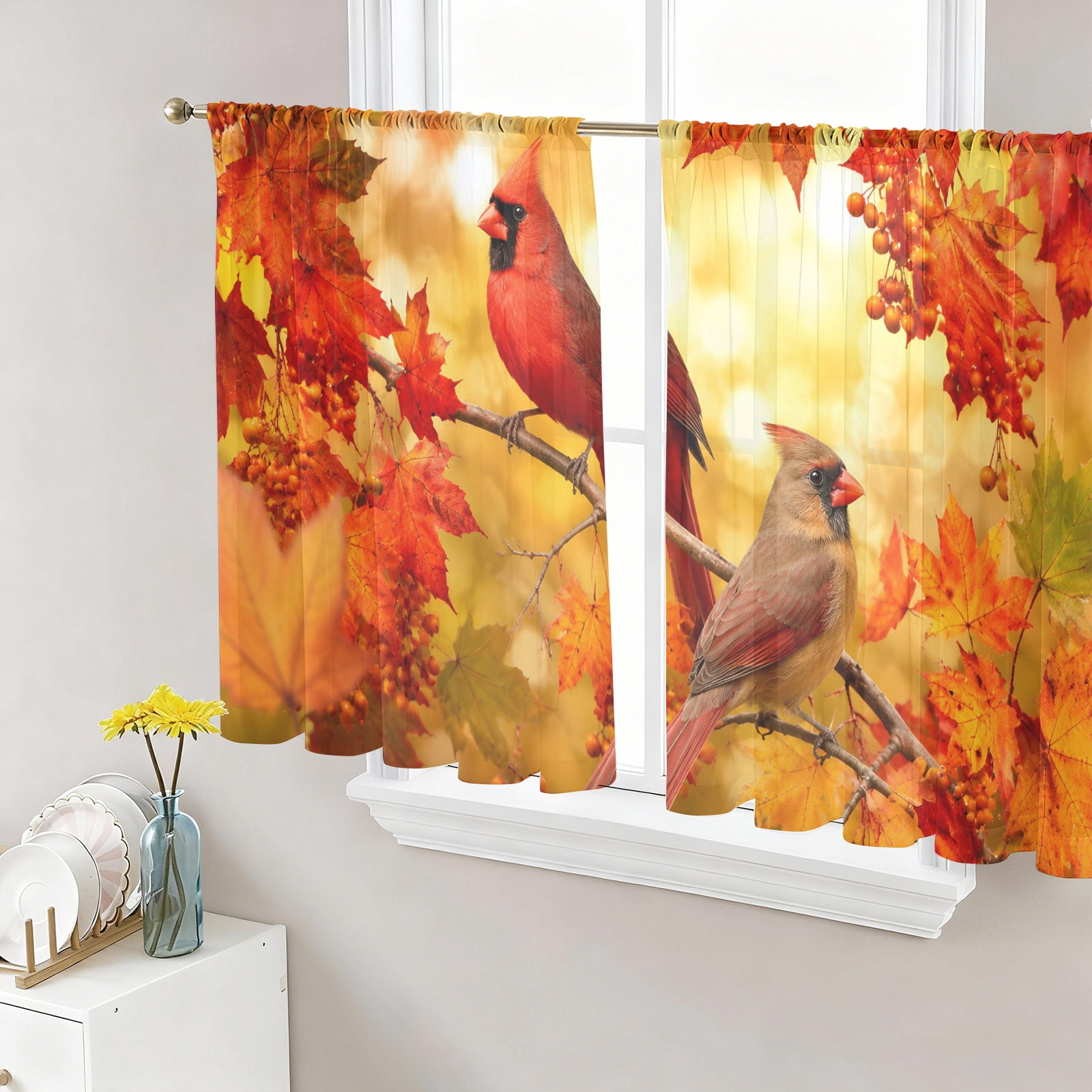 Cardinal Bird Sheer Curtains for Living Room Bedroom, Fall Red Bird ...