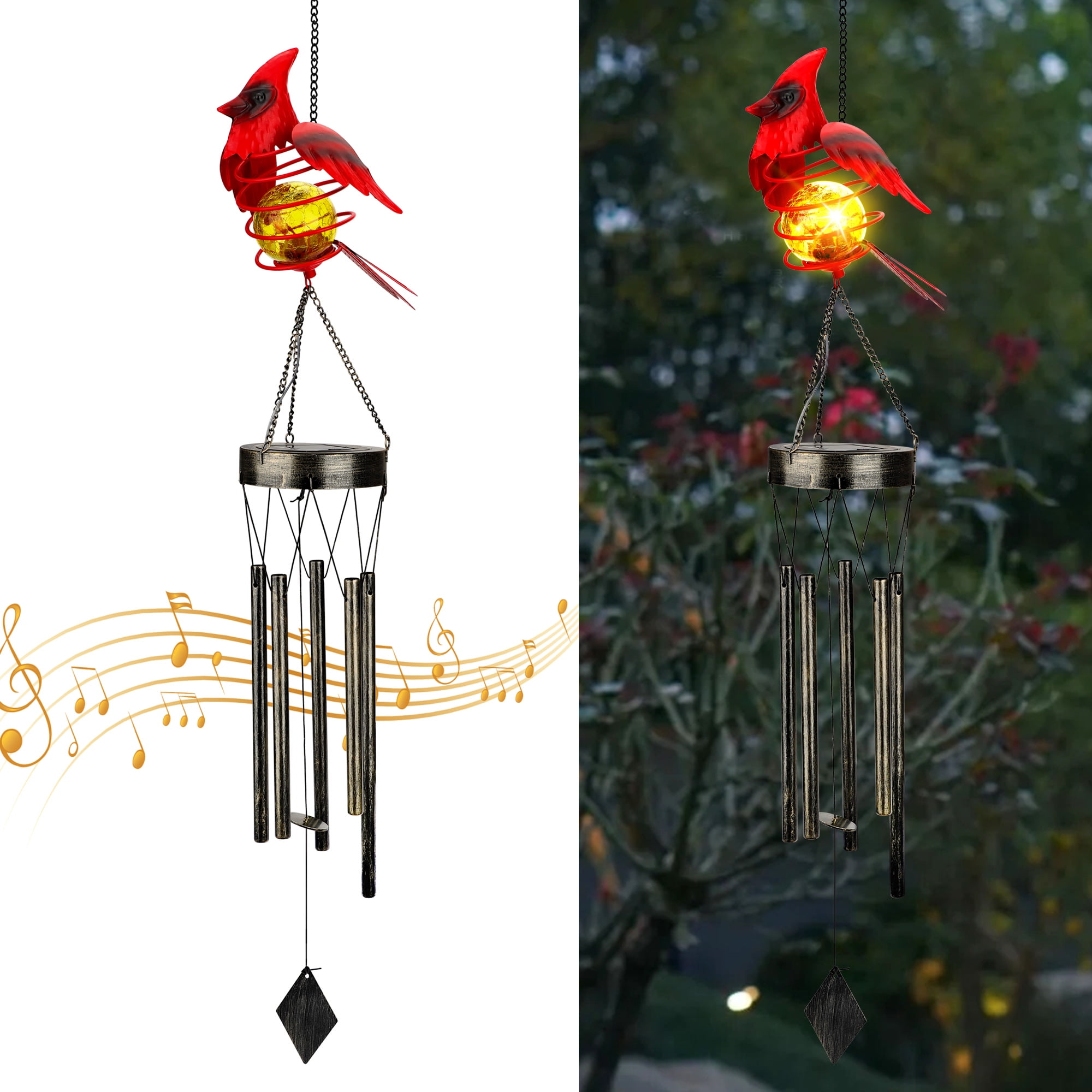 Cardinal Bird Solar Wind Chimes, TSV LED Red Bird Wind Bell Light with ...