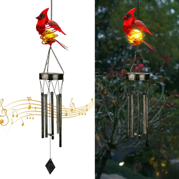 Cardinal Bird Solar Wind Chimes, TSV LED Red Bird Wind Bell Light with ...