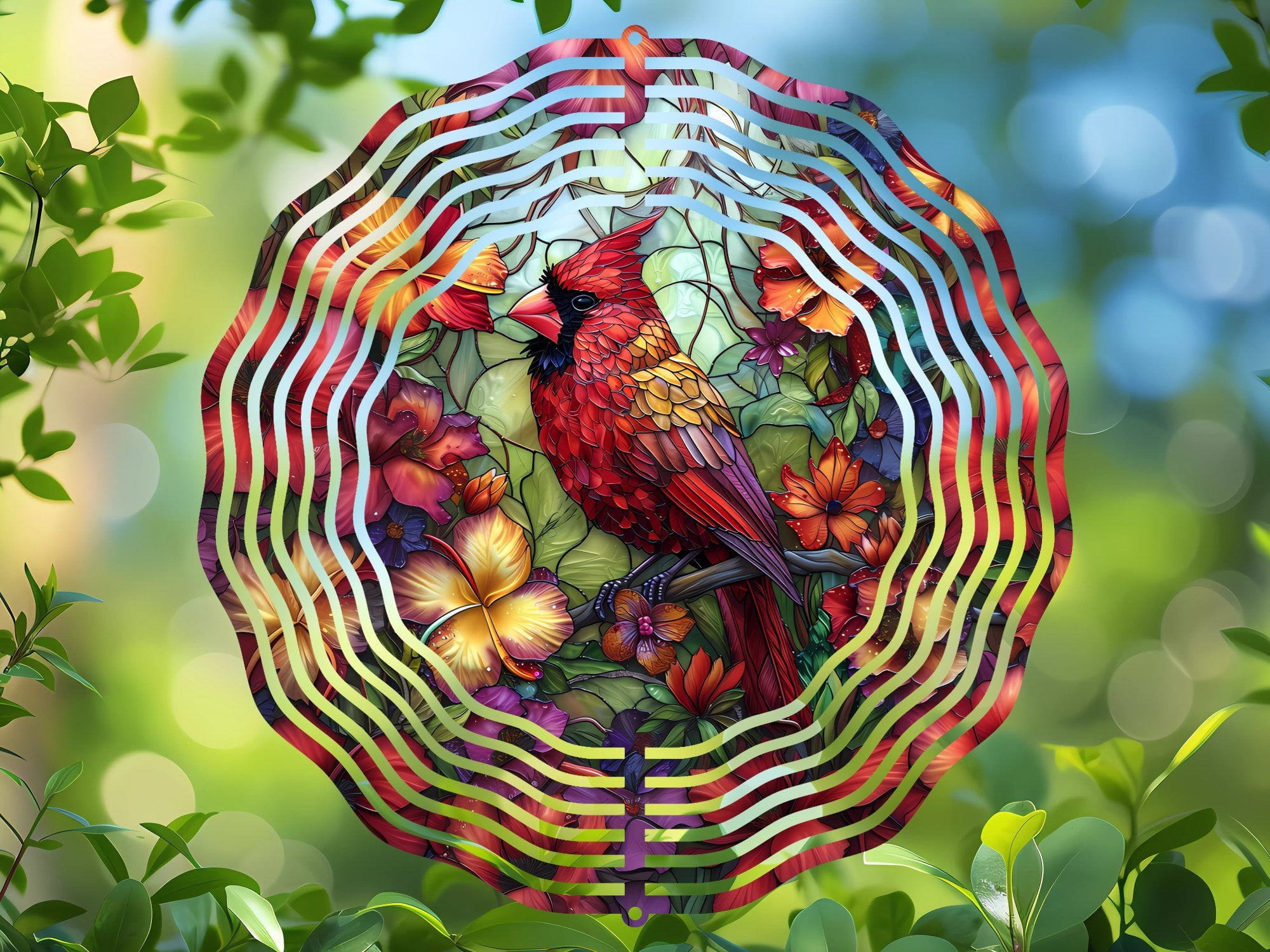 Cardinal Bird Stained Glass Effect 3D Wind Spinner, Kinetic Stainless ...