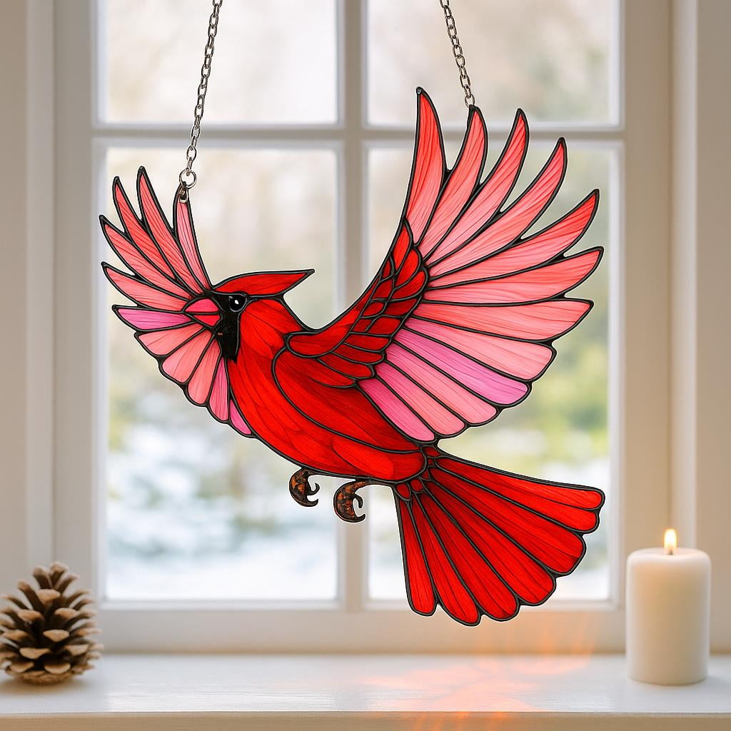 Cardinal Bird Stained Glass Suncatcher, Red Bird Acrylic Ornament ...
