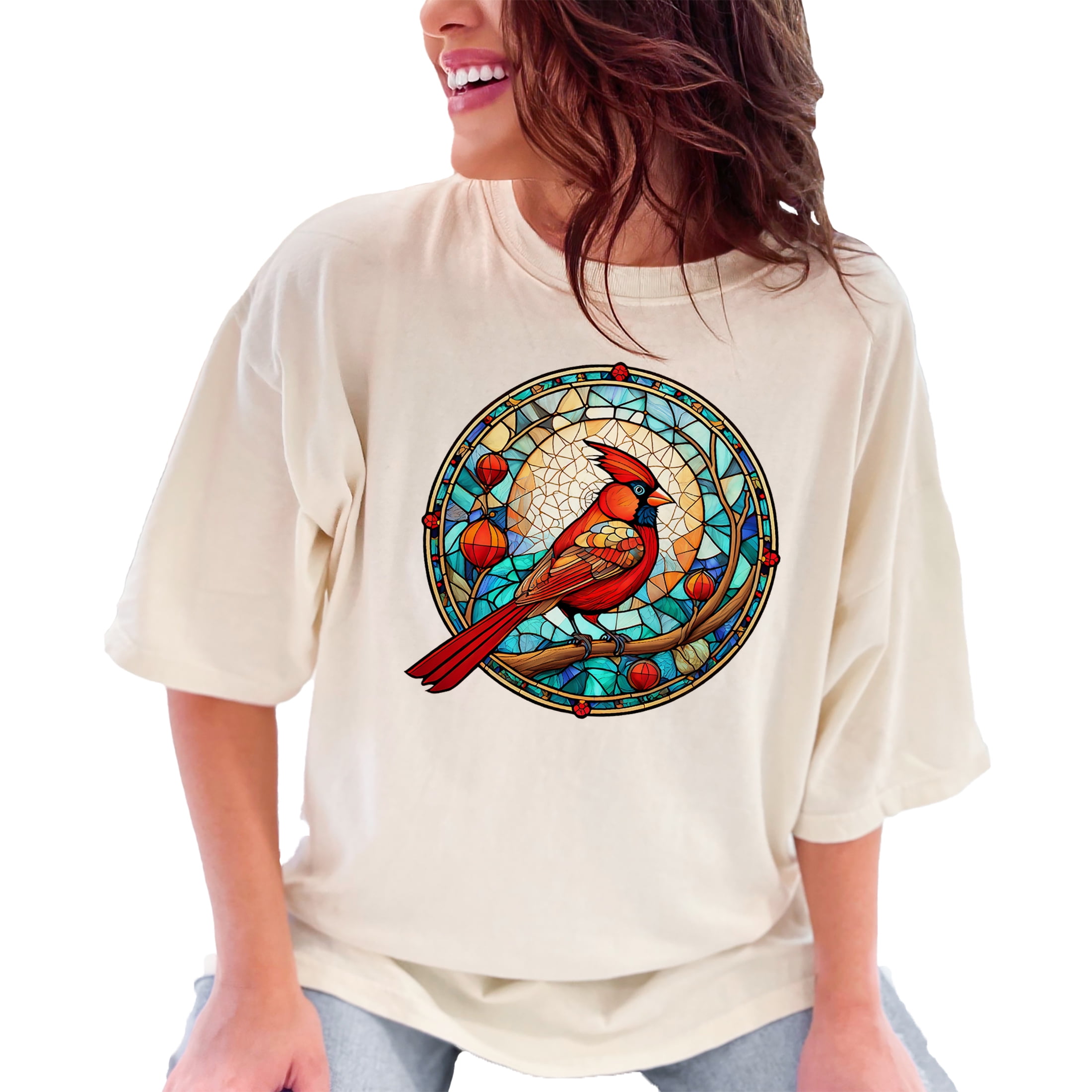 Cardinal Bird Stained Glass Window Design T-Shirt, Nature Art Graphic ...