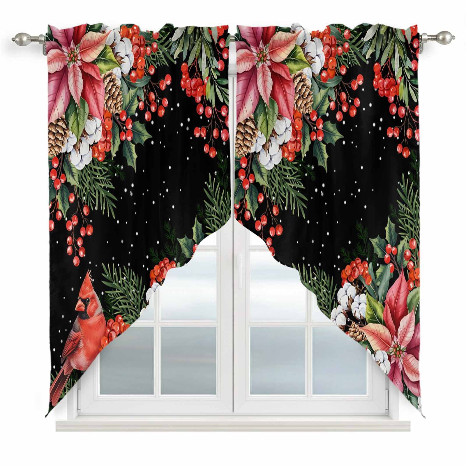 Cardinal Bird Swag Curtains for Kitchen/Bedroom/Living Room, Winter ...