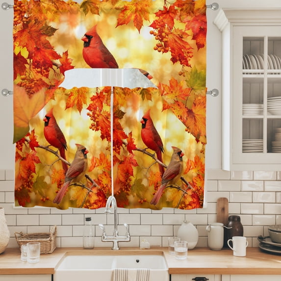 Cardinal Bird Swag Curtains Valance and Tier Set, Fall Red Bird Orange ...