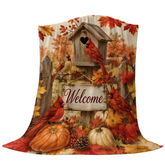 Cardinal Bird Throw Flannel Blanket Fall Red Bird Orange Pumpkin Maple ...
