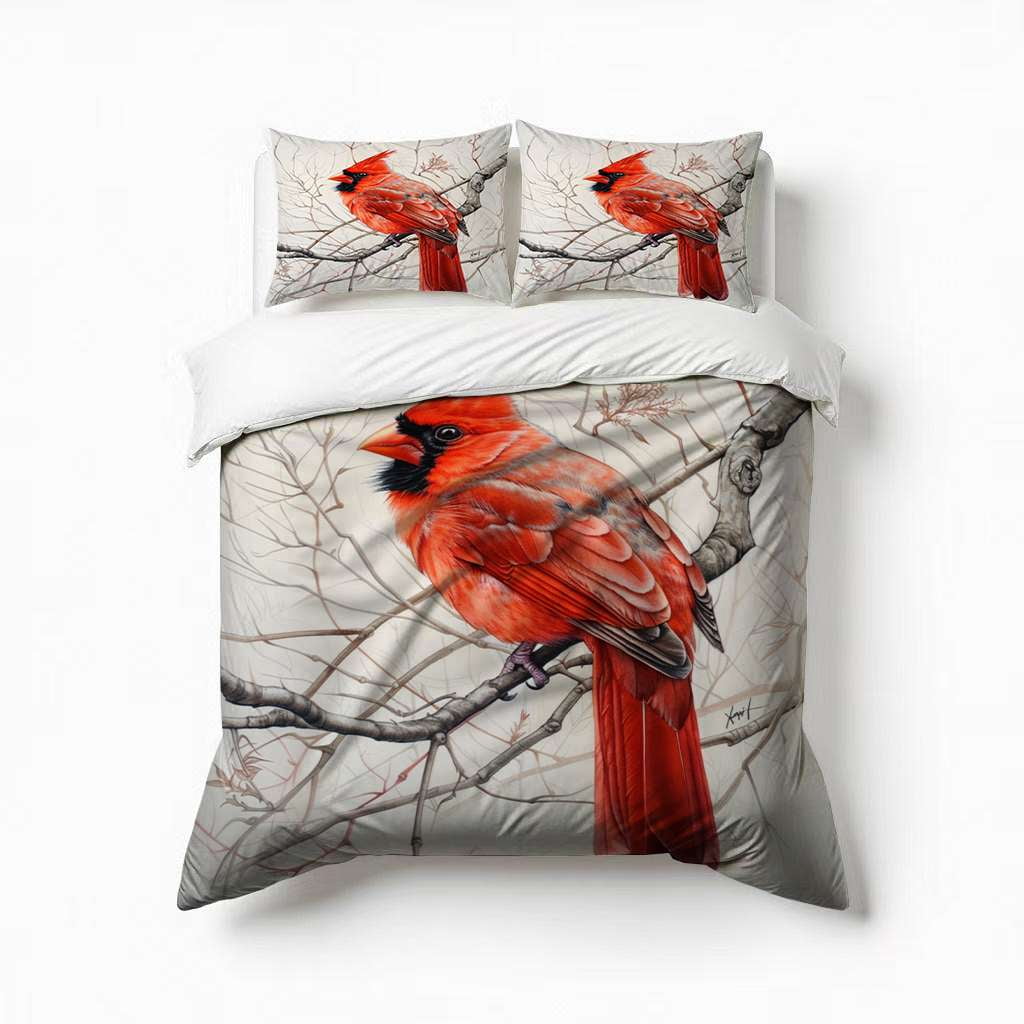 Cardinal Bird Winter Greenery Bedding Set 3 Pcs Soft Microfiber Quilt ...
