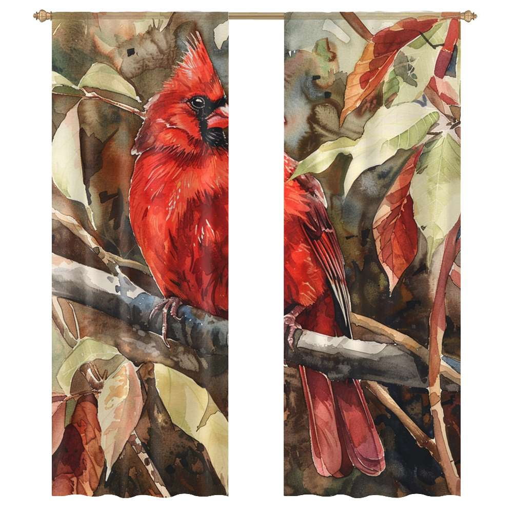 Cardinal Bird Winter Greenery Modern Tulle Window Curtains for Living ...