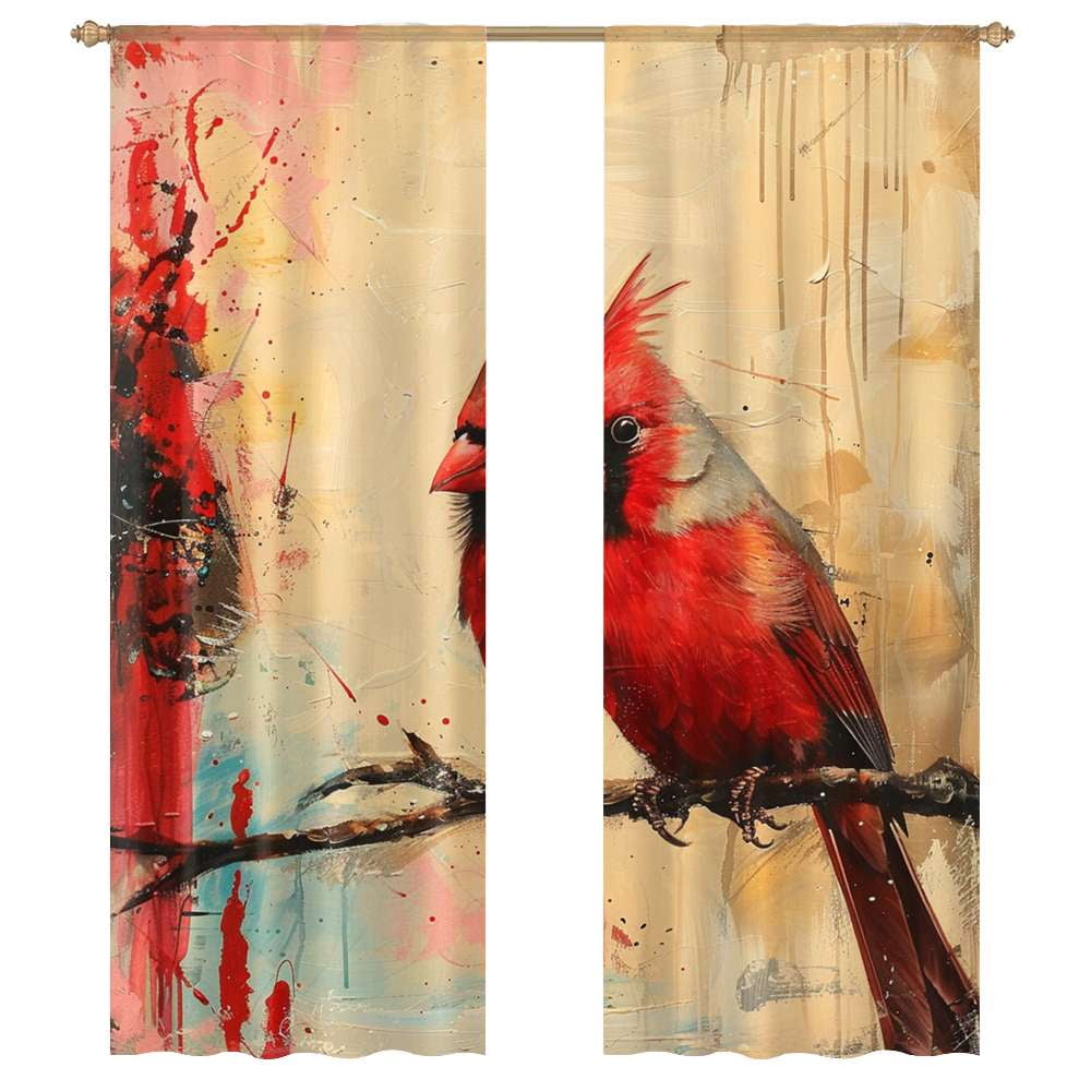 Cardinal Bird Winter Greenery Modern Tulle Window Curtains for Living ...