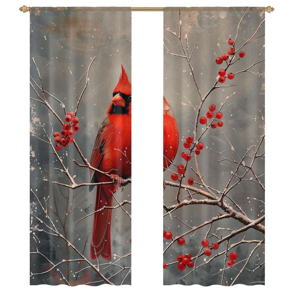 Cardinal Bird Winter Greenery Modern Tulle Window Curtains for Living ...