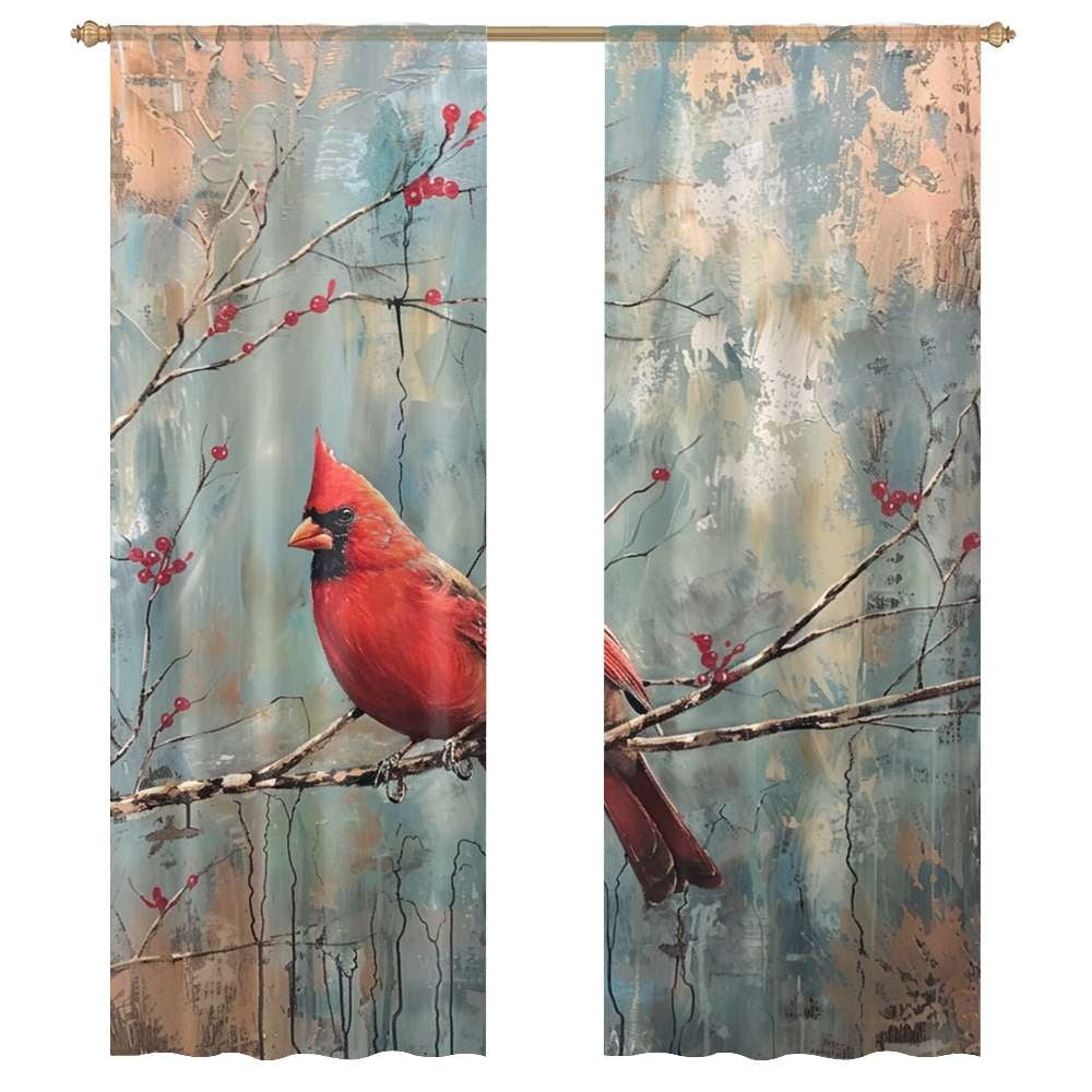 Cardinal Bird Winter Greenery Modern Tulle Window Curtains for Living ...