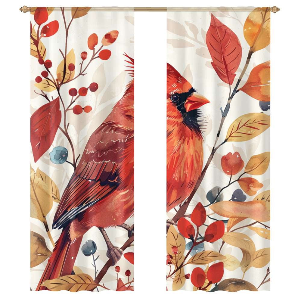 Cardinal Bird Winter Greenery Modern Tulle Window Curtains for Living ...