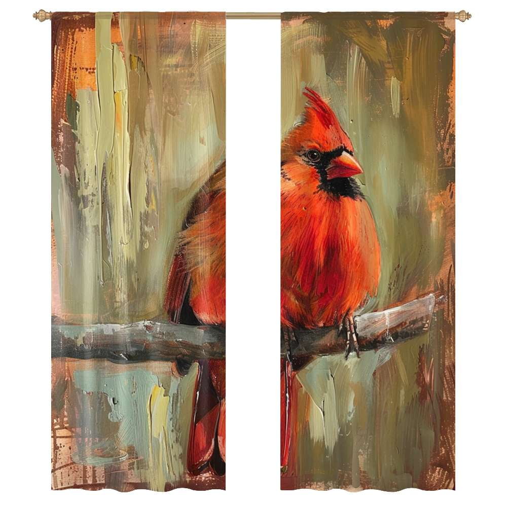 Cardinal Bird Winter Greenery Modern Tulle Window Curtains for Living ...