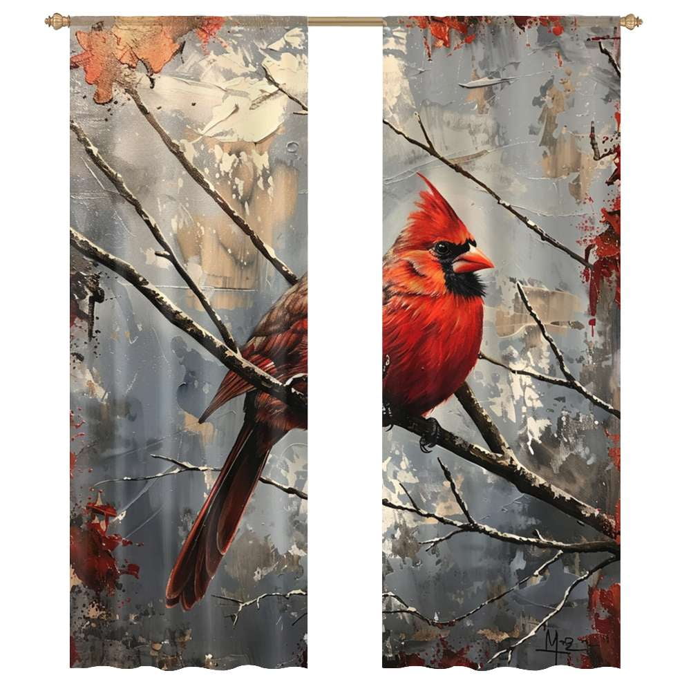 Cardinal Bird Winter Greenery Modern Tulle Window Curtains for Living ...
