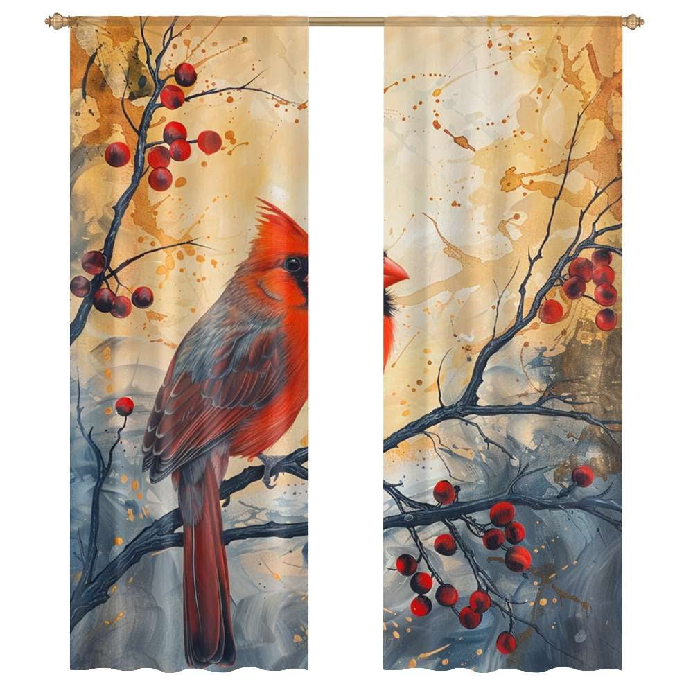 Cardinal Bird Winter Greenery Modern Tulle Window Curtains for Living ...