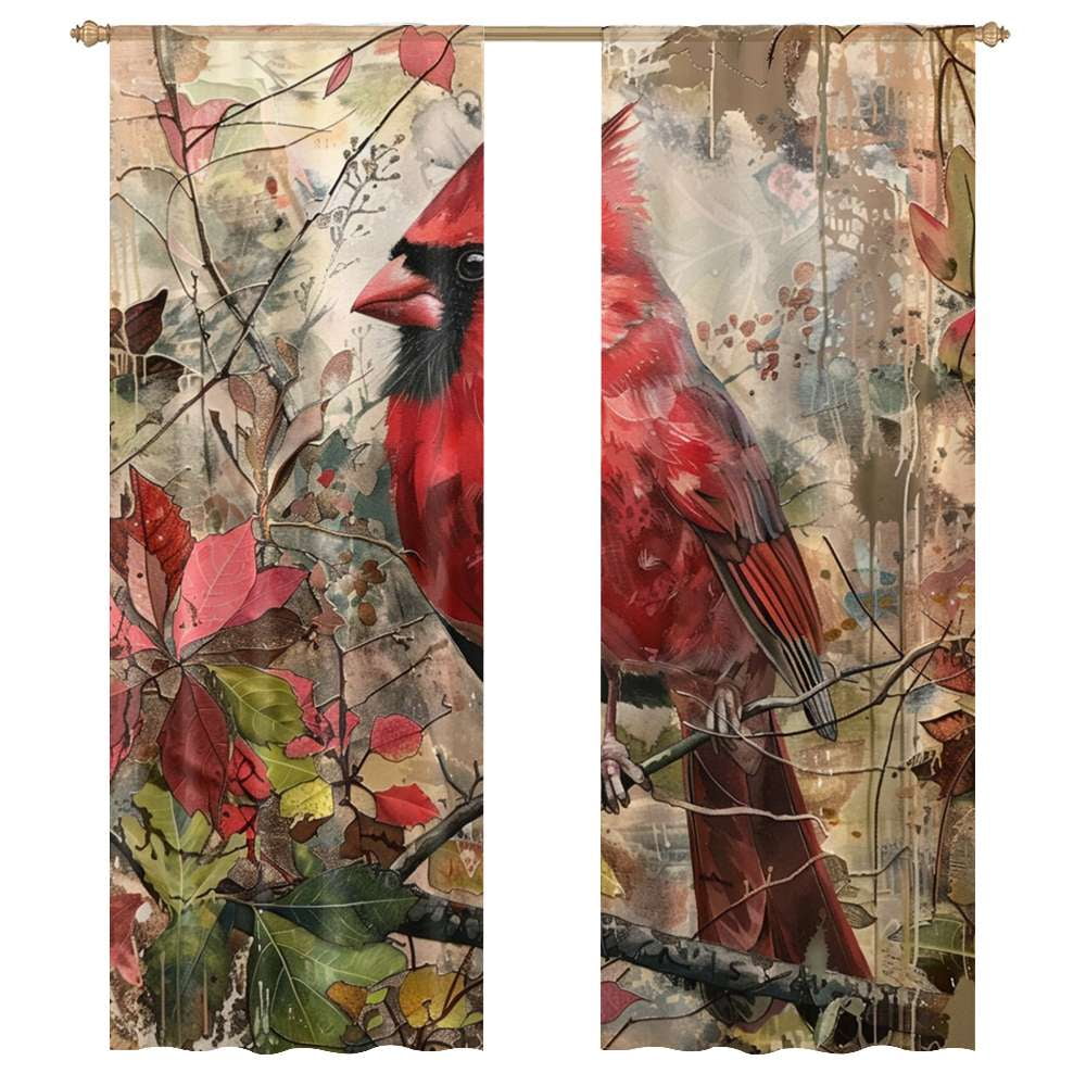 Cardinal Bird Winter Greenery Modern Tulle Window Curtains for Living ...