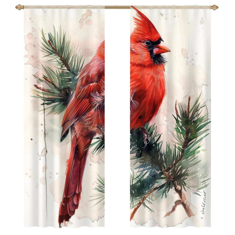 Cardinal Bird Winter Greenery Sheer Window Curtains for Living Room ...