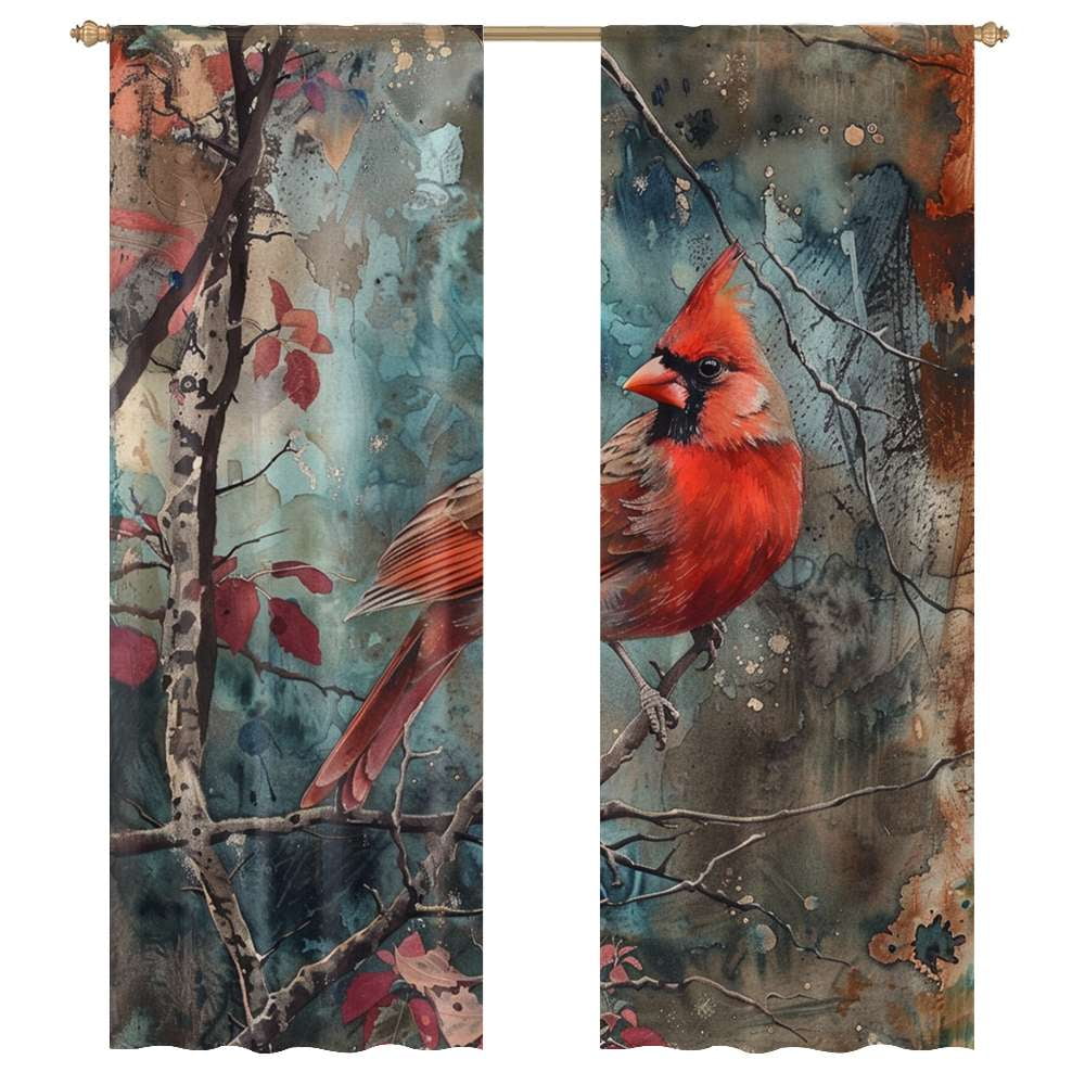 Cardinal Bird Winter Greenery Sheer Window Curtains for Living Room ...