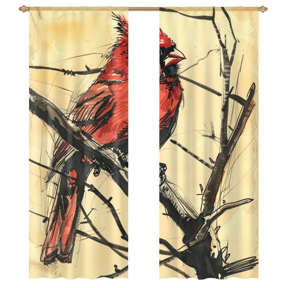 Cardinal Bird Winter Greenery Sheer Window Curtains for Living Room ...