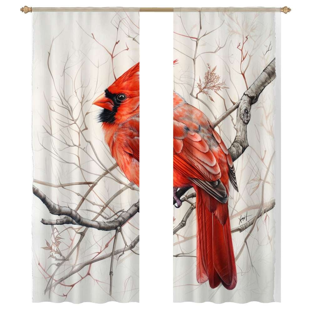 Cardinal Bird Winter Greenery Sheer Window Curtains for Living Room ...