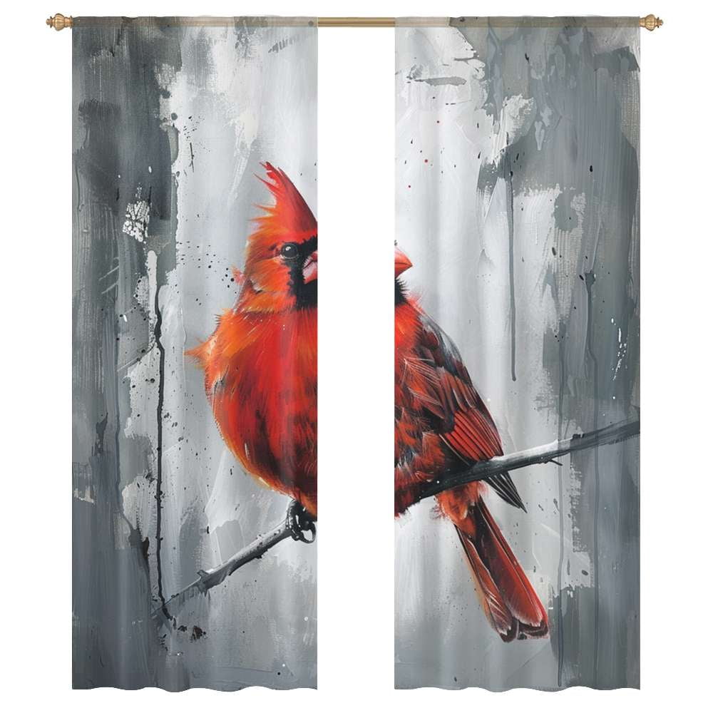 Cardinal Bird Winter Greenery Tulle Curtains For Living Room Chiffon ...