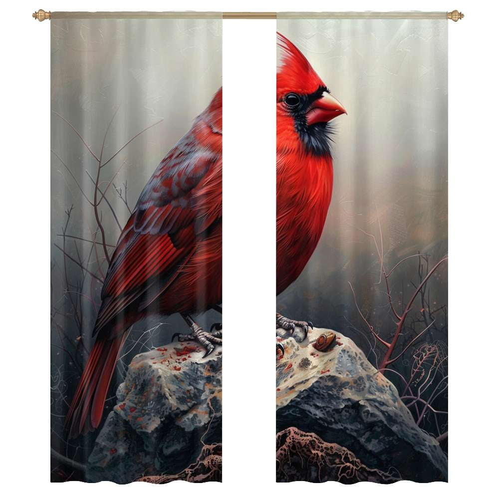 Cardinal Bird Winter Greenery Tulle Curtains For Living Room Chiffon ...