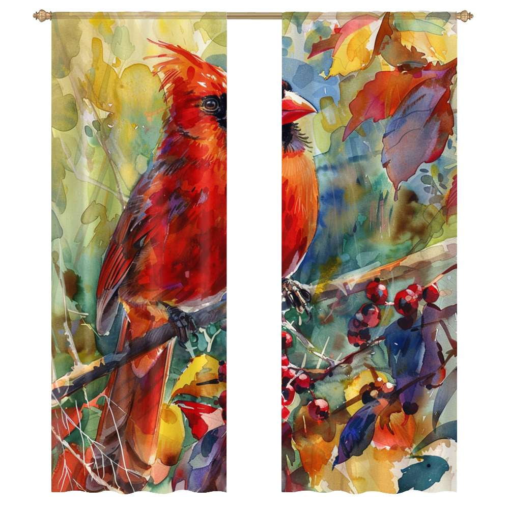 Cardinal Bird Winter Greenery Tulle Curtains For Living Room Chiffon ...