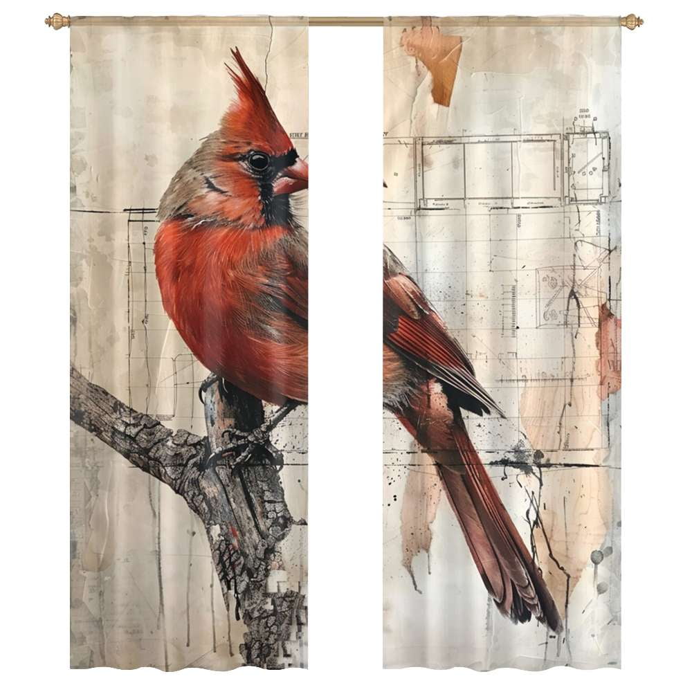 Cardinal Bird Winter Greenery Tulle Curtains For Living Room Chiffon ...