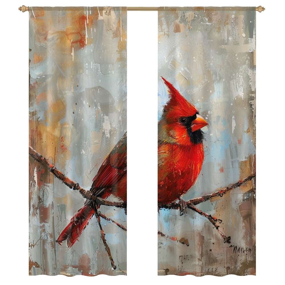Cardinal Bird Winter Greenery Tulle Curtains For Living Room Chiffon ...