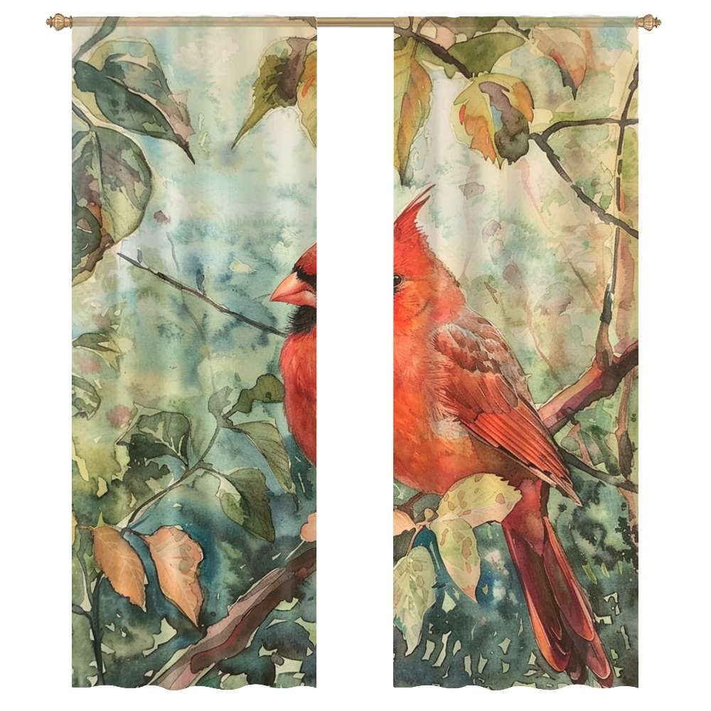Cardinal Bird Winter Greenery Tulle Curtains For Living Room Chiffon ...