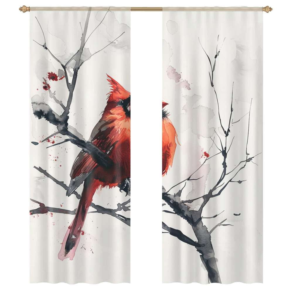 Cardinal Bird Winter Greenery Tulle Curtains For Living Room Chiffon ...