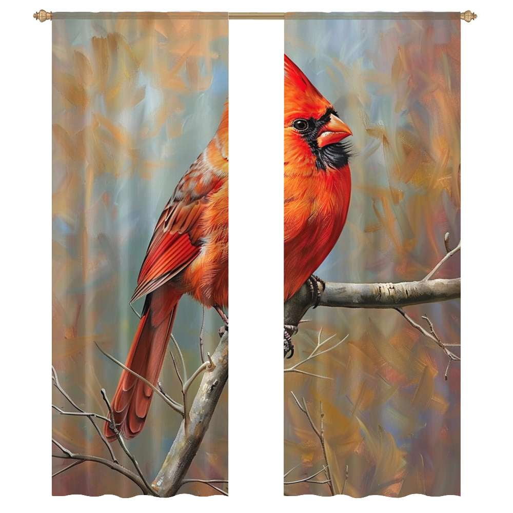 Cardinal Bird Winter Greenery Tulle Curtains For Living Room Chiffon ...