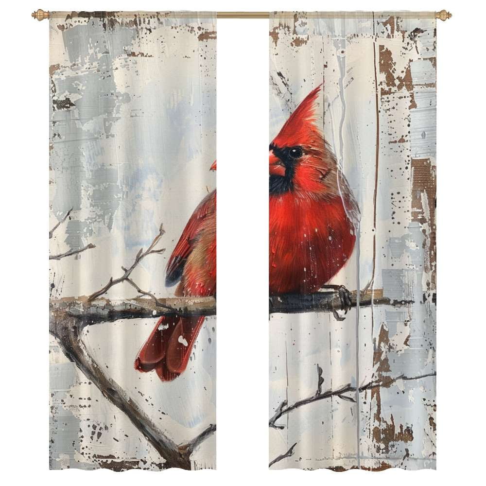 Cardinal Bird Winter Greenery Tulle Curtains For Living Room Chiffon ...
