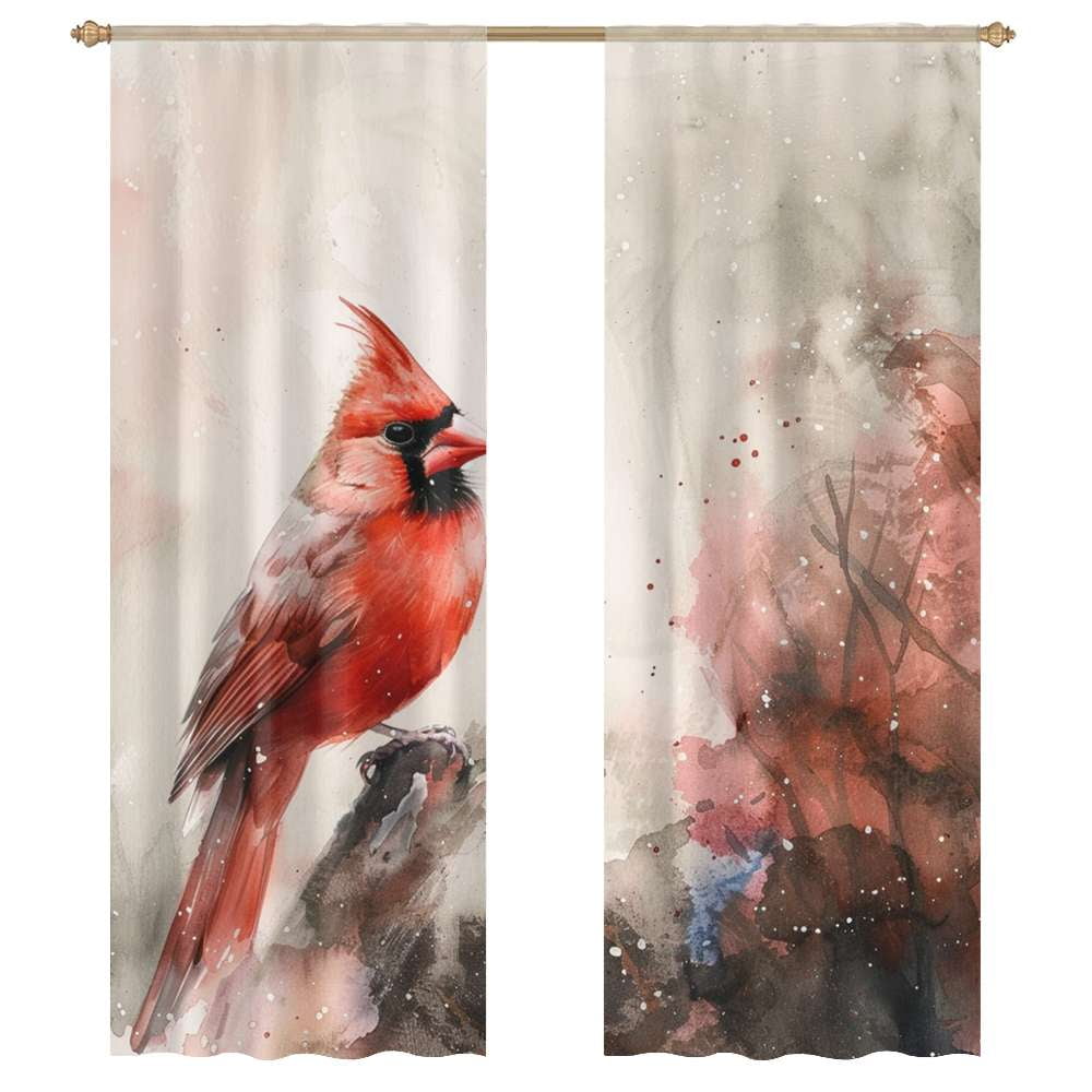Cardinal Bird Winter Greenery Tulle Curtains For Living Room Chiffon ...