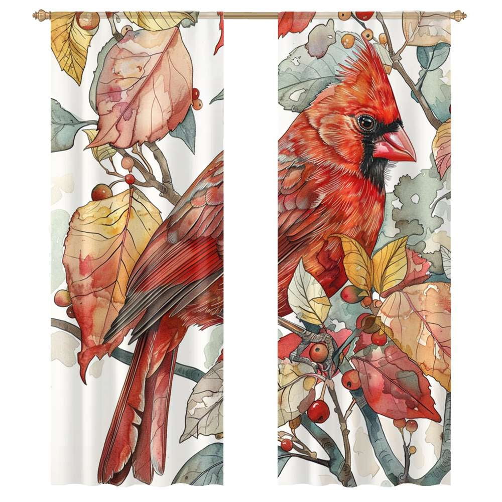 Cardinal Bird Winter Greenery Tulle Curtains For Living Room Chiffon ...