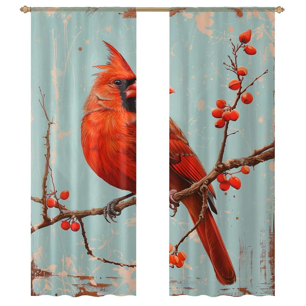 Cardinal Bird Winter Greenery Tulle Curtains For Living Room Chiffon ...