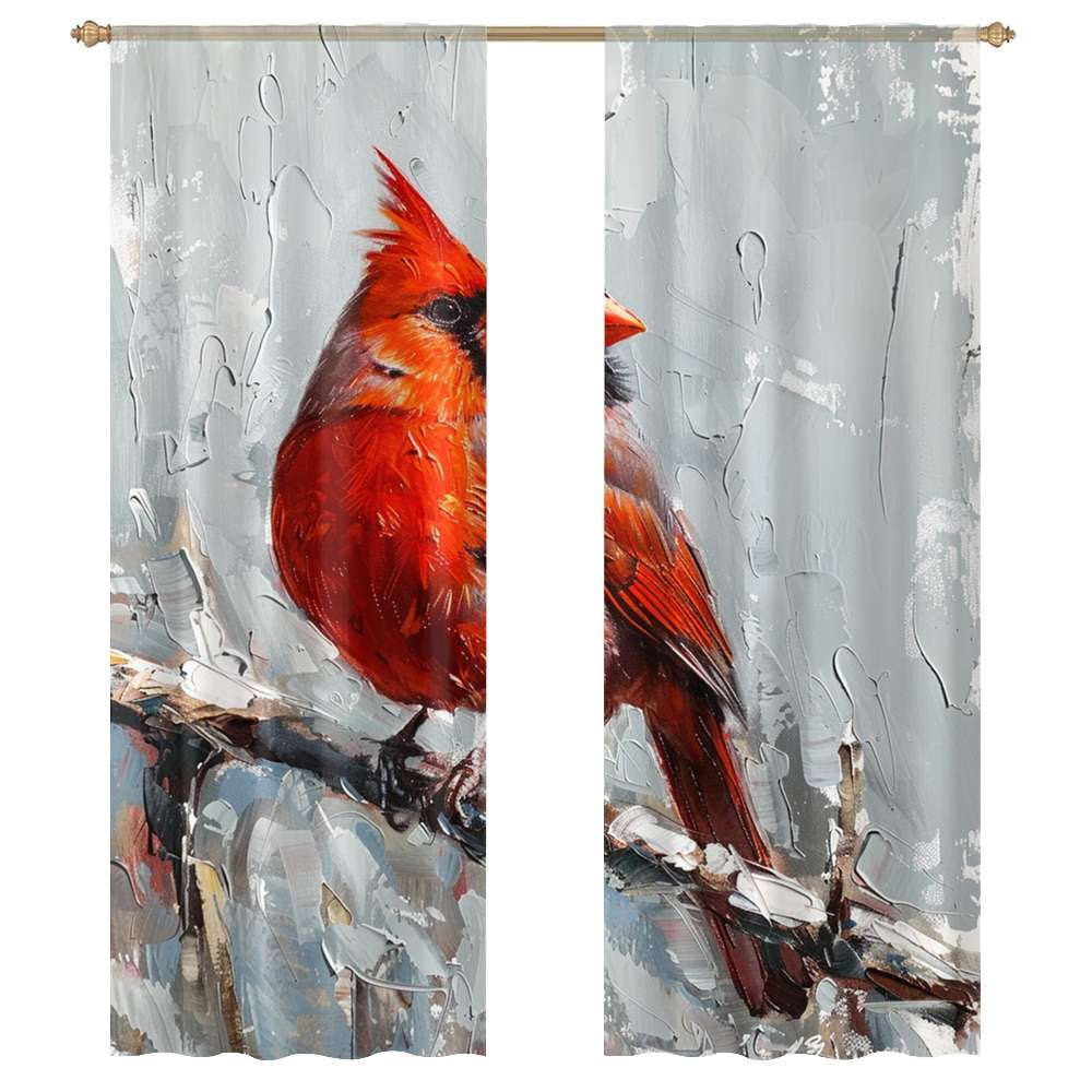 Cardinal Bird Winter Greenery Tulle Curtains For Living Room Chiffon ...