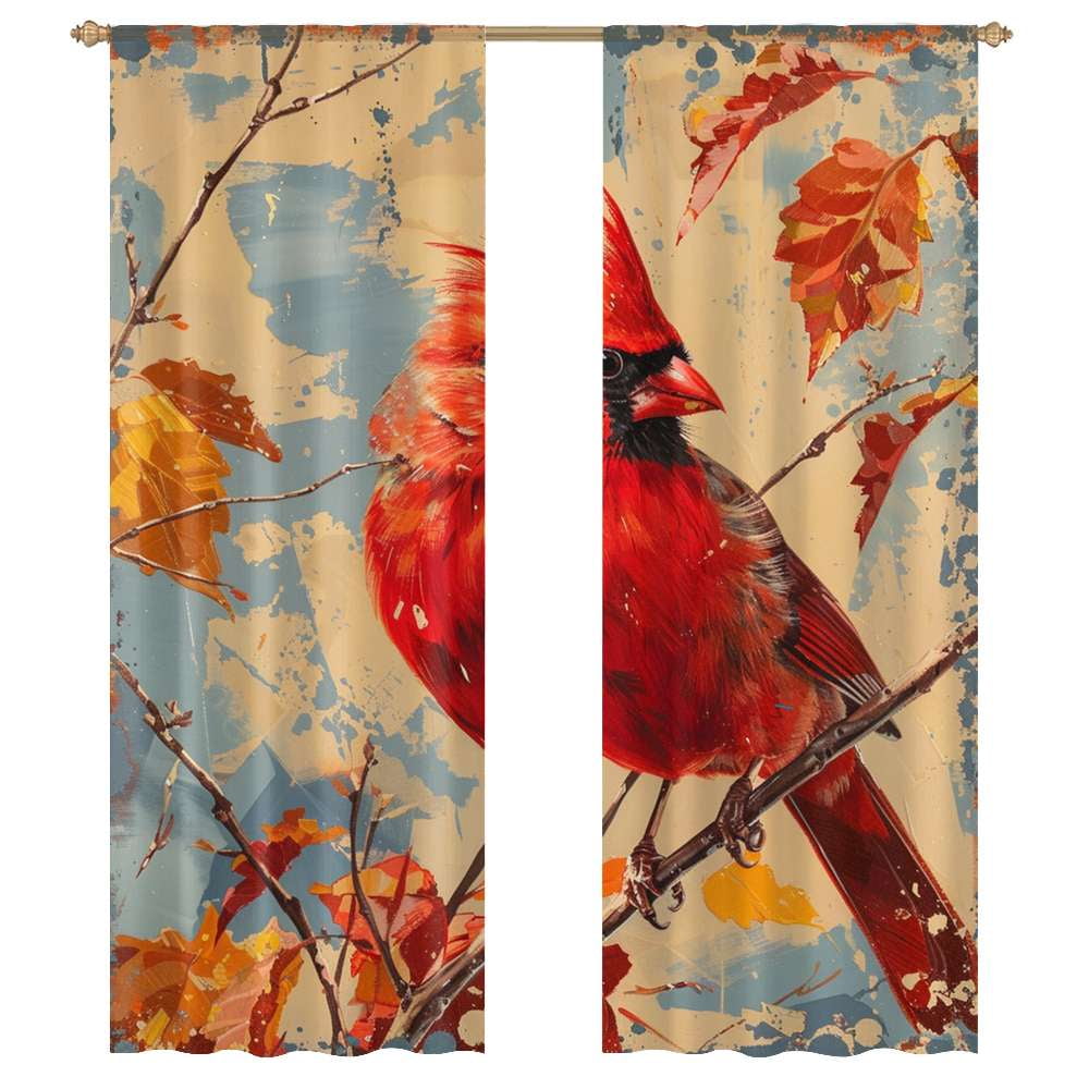 Cardinal Bird Winter Greenery Tulle Curtains For Living Room Chiffon ...