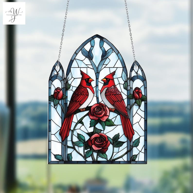 Cardinal Birds Acrylic Window Hanging, Floral Suncatcher, Boho Window ...