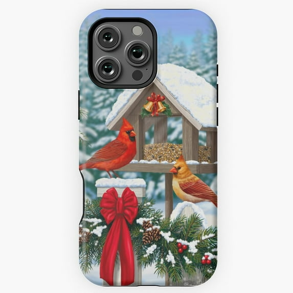 Cardinal Birds Feeder Winter Holiday Art iPhone Case 17 16 15 14 13 12 ...